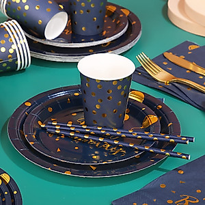 400 Pcs Blue and Gold Birthday Party Supplies Navy Blue Plates and Napkins Set for 50 Guests Gold Dot Paper Plates Napkins Cups Cutlery Set for Boy Birthday Party Decorations