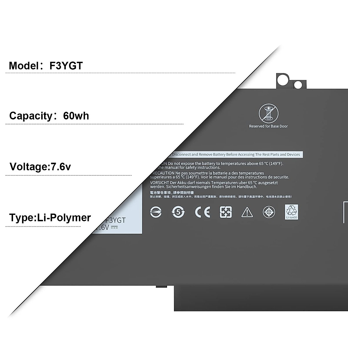 POWERWOO F3YGT Replacement Battery for Dell Latitude 7480 7490 7280 7290 7380 7390 P29S002/14 P28S001 P73G P73G002 Series 453-BBCF 451-BBYE KG7VF DM3WC DM6WC V4940 2X39G - high Performance 60Wh 7.6V