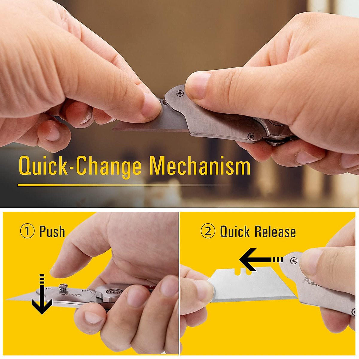 AZUNO Wood Handle Folding Utility Knife with Stainless Steel Head, Quick-change Blade & Back Lock