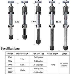 HITOP 25W 50W 100W 200W 300W Adjustable Aquarium Heater, Submersible Fish Tank Heater Thermostat with Suction Cup (50W)