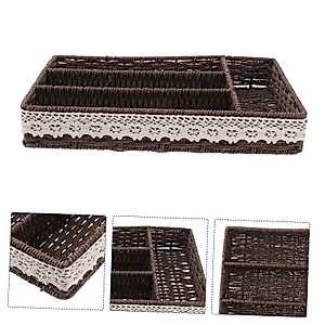 Cabilock Rattan Flatware Basket Kitchen Utensil Drawer Organizer with Dividers Natural Wicker Serving Basket Flatware Cutlery Organiser Tray for Flatware and Kitchen Utensils