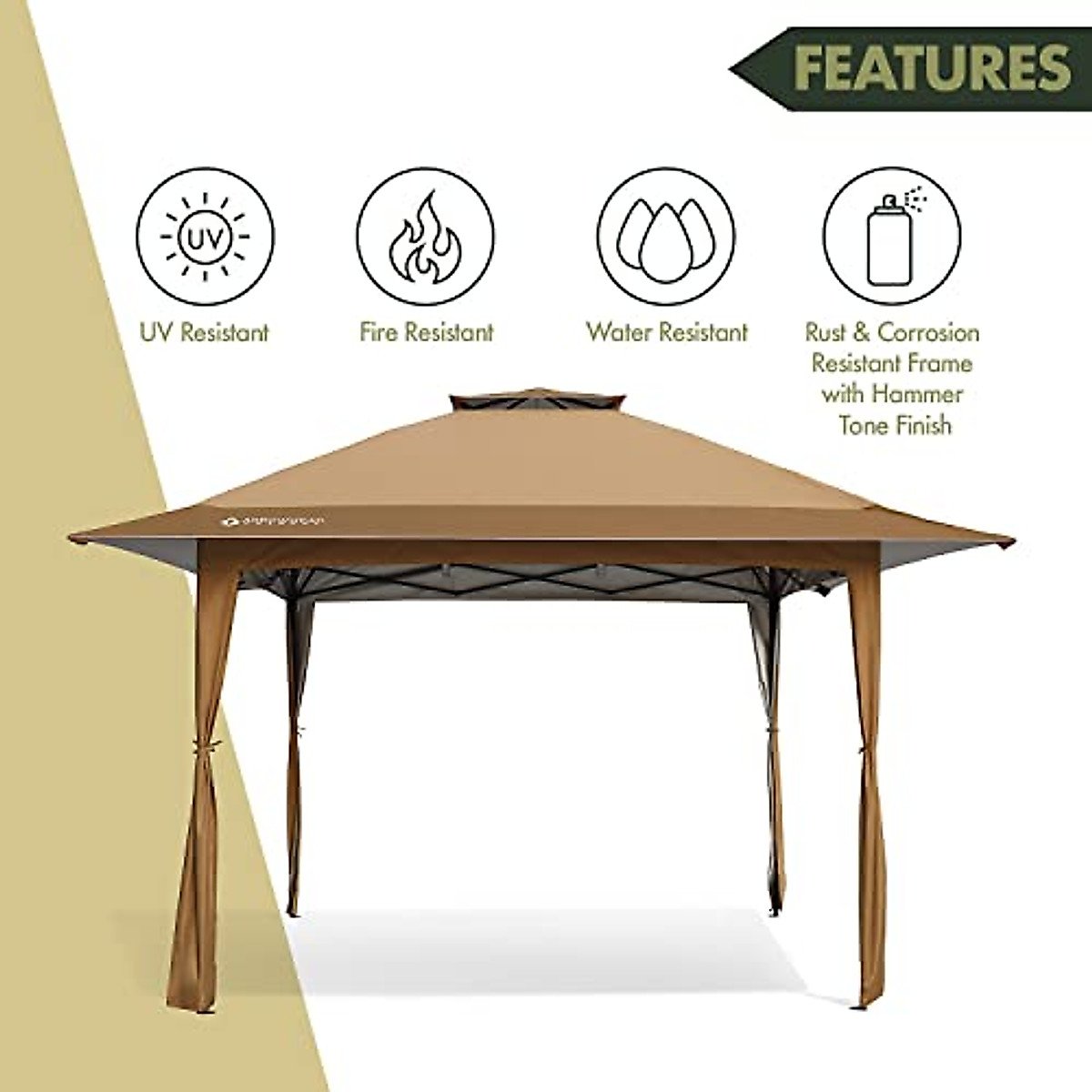 ARROWHEAD OUTDOOR 13’x13’ Pop-Up Canopy & Instant Shelter, 150D Fabric Construction, Adjustable Height, Wheeled Carry Bag, Guide Ropes & Stakes Included, Brown & Tan v2 (New) (KGS0389U)