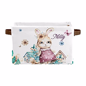 Cute Bunny Rabbit Personalized Storage Basket ,Custom Storage Bins Cubes Organizer with Handle for Bedroom Wardrobe,Nursery,Basket 1 Pack