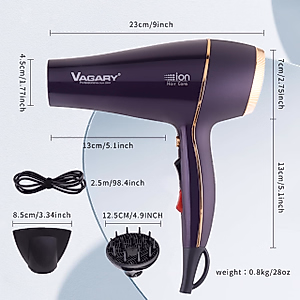 VAGARY 6690A Salon Pro Hair Dryer for Women,2200w Powerful AC Motor Fast Drying, Ionic Blow Dryer for Thick Hair,2 Speeds and 2 Heat Settings 1 Cool Shot Button(1 Diffuser and 1Concentrator)