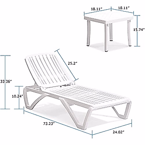 PURPLE LEAF Outdoor Pool Chaise Lounge Plastic Chair Set of 3 Patio Adjustable Lay Flat Recliners Tanning Lounger Chairs with Table for in-Pool Sunbathing Beach Lawn Poolside, White