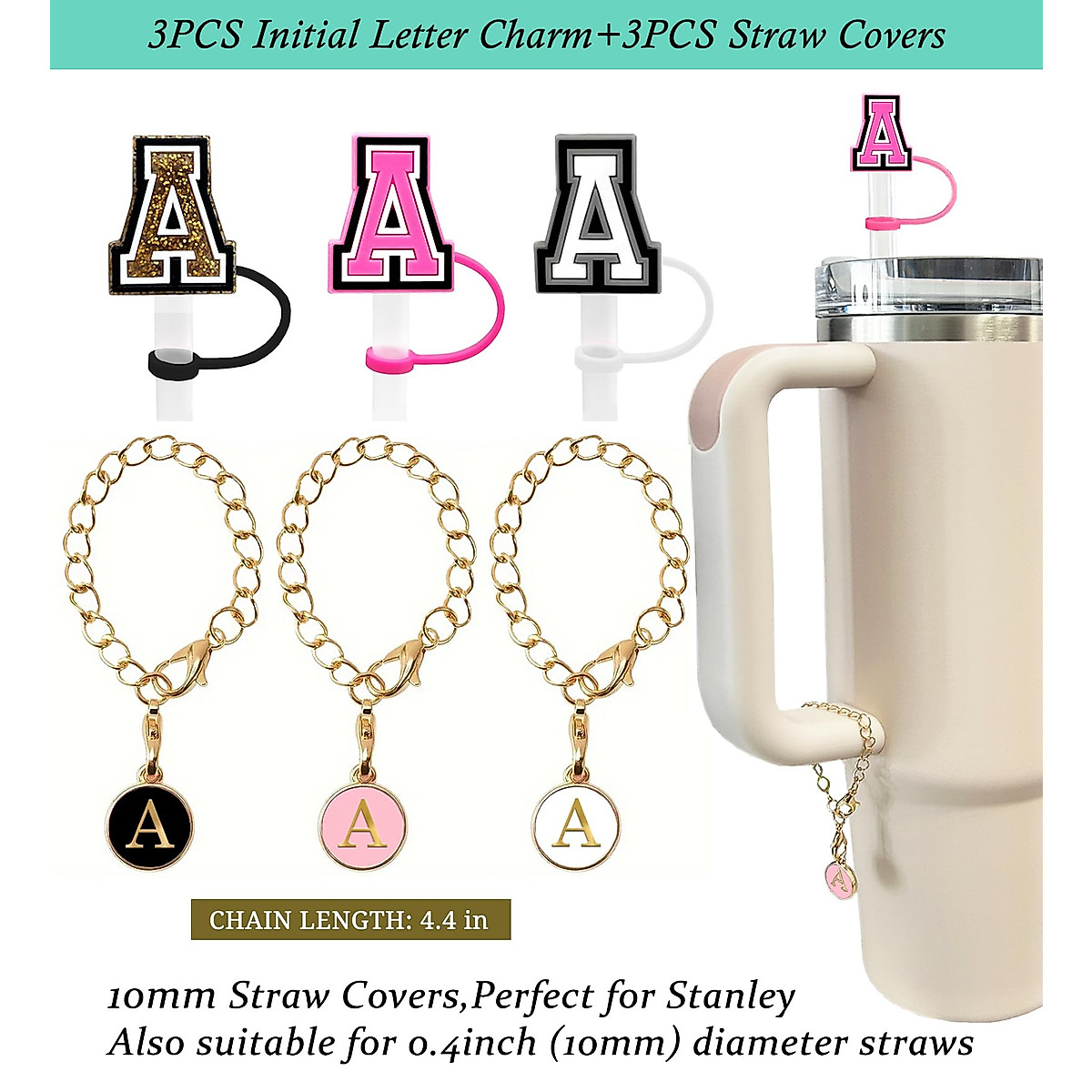 （3 +3) 3PCS Nuozme Straw Cover 10mm For Stanley Tumbler Cup Reusable Straw Cap Topper with 3 Initial Letter Charms Accessories Name ID Personalized Handle Charm For Stanley 30&40 Oz Cup Tumbler