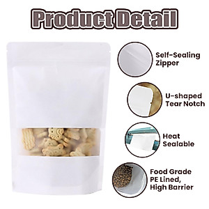 Muka 50 PCS 16 OZ White Kraft Mylar Bags Toaster Bags with Frosted Window, Heat Sealable, 8"W x 12"H x 4"D