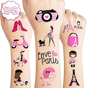 Paris Temporary Tattoos for Kids - Themed Eiffel Tower, Girl Birthday Party Decorations Supplies 96PCS Tattoos Stickers Cute Party Favors Girls Boys Gifts Classroom School Prizes Themed Christmas Pink