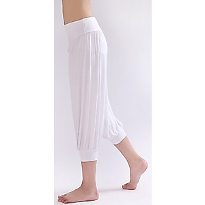 AvaCostume Modal Cotton Soft Yoga Sports Dance Harem Capri Pants White L01
