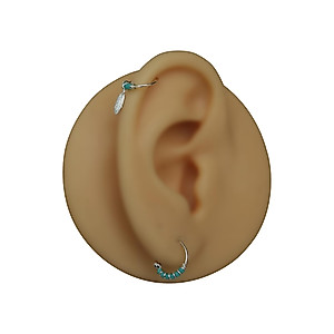Handmade Silver 2Pcs Small 10MM Cartilgae Helix Piercing Beaded Hoop Earrings, 925 Sterling Silver Thin 22Gauge Set of Two Turquoise Beads & Feather Hoops for women, By Miya Jewelry