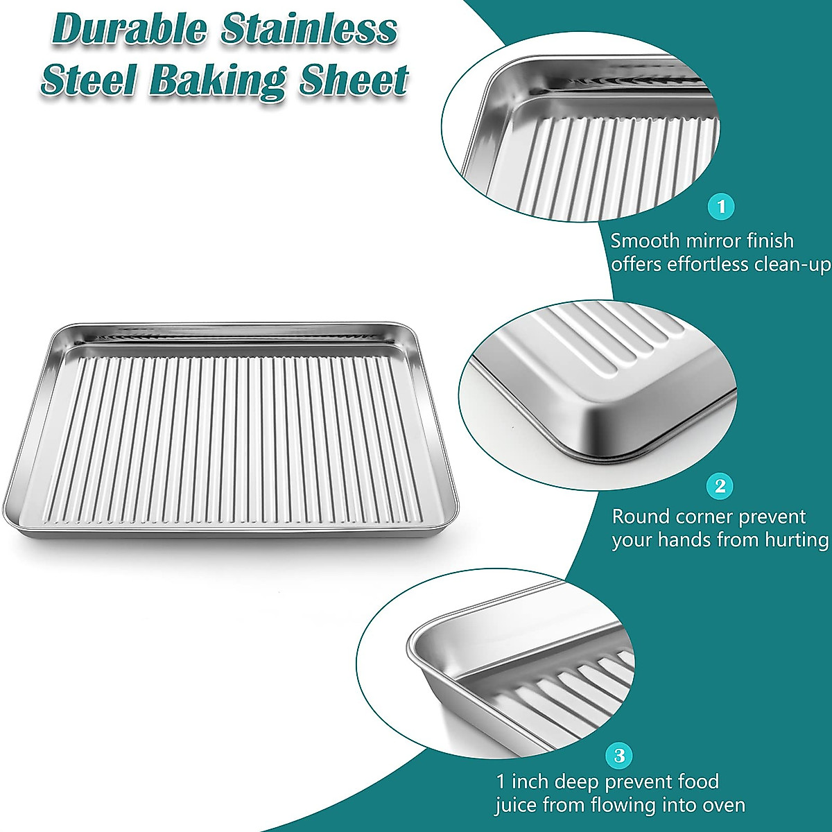 TeamFar Baking Sheet, 17.6”x13”x1” Stainless Steel Cookie Sheet Pan Tray for Oven, Healthy & Non Toxic, Corrugated Bottom & Dishwasher Safe - 2pcs