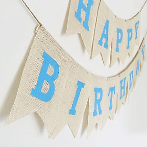 Blue Happy Birthday Banner, Assembled Burlap Happy Birthday Sign for Birthday Party Decorations