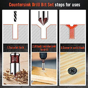 Pylevemv 5Pcs Countersink Drill Bit Set, Premium Countersink Drill Bit with 82-Degree, 5 Flutes, Quick-Change Hex Shank, 1/4 Inch to 3/4 Inch Size, Countersink Drill Bits for Wood, Metal, Plastic
