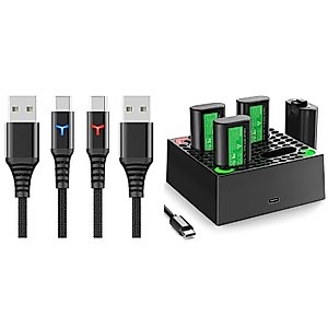4x1400mAh Rechargeable Battery Pack with Charging Station & USB C Cable, 2 Pack 10FT Xbox Series X S Controller Charger Charging Cable for Xbox Series X S