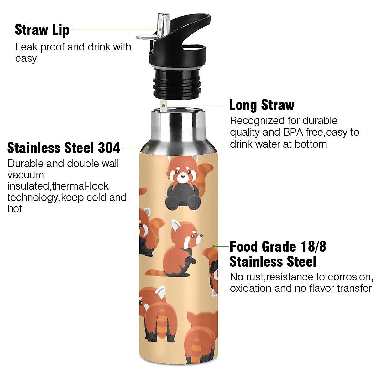 Dussdil Cute Red Panda Water Bottle Kid's Vacuum Insulated Tumblers Stainless Steel Cup BPA Free with Handle Straw Lid for Boys Girls Gifts 20 Oz