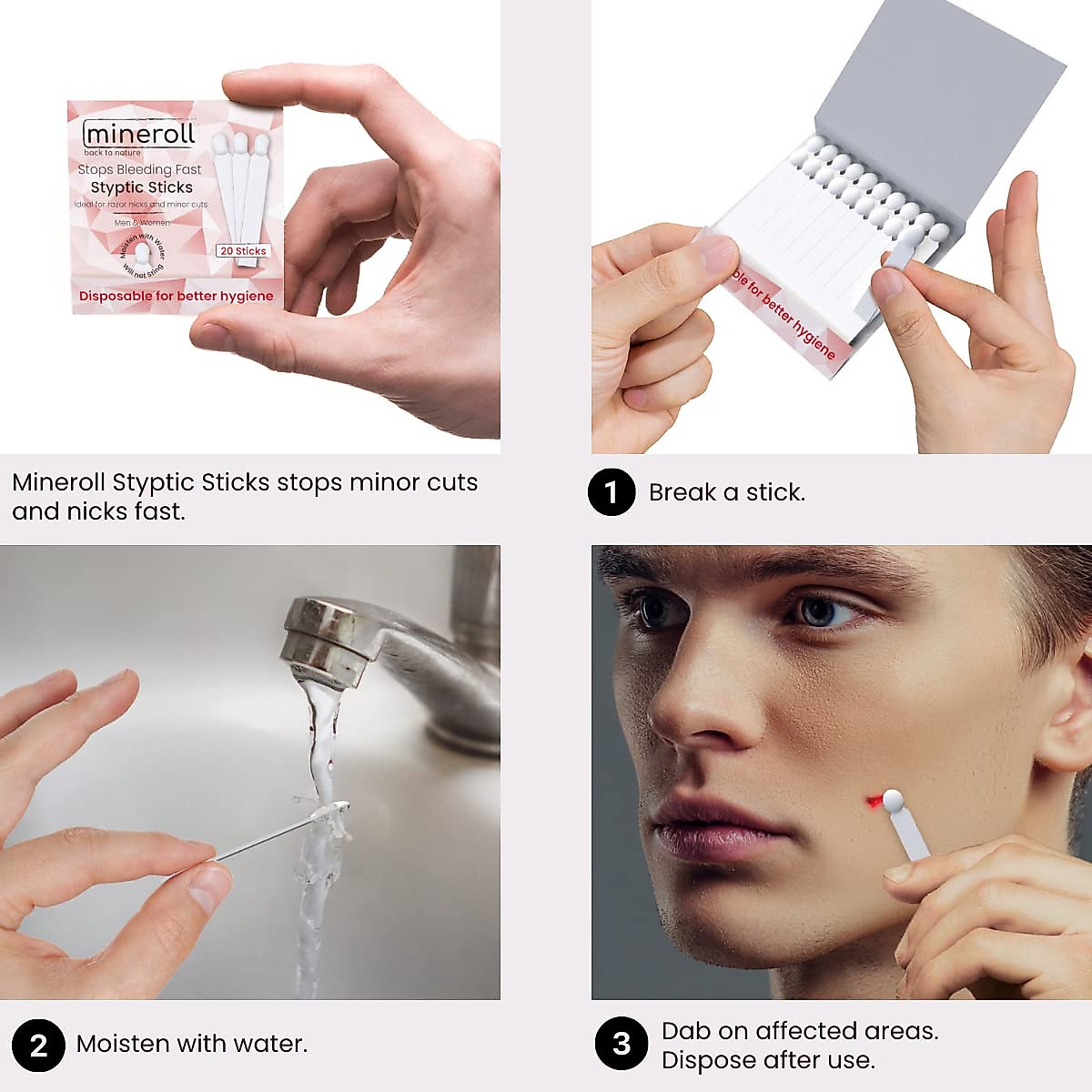 Mineroll Styptic Stick Shave Accessories (4-Packs, 80-Sticks) Stops Bleeding for Razor Nicks and Minor Cuts for Men & Women, Sanitary and Great for Barbers & Personal, Shaving Kit Essential (1)