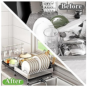 Dish Drying Rack - Expandable Dish Rack - Large Stainless Steel Dish Dryer Racks for Kitchen Counter with Wine Glass Holder, Cutlery Holder, Black