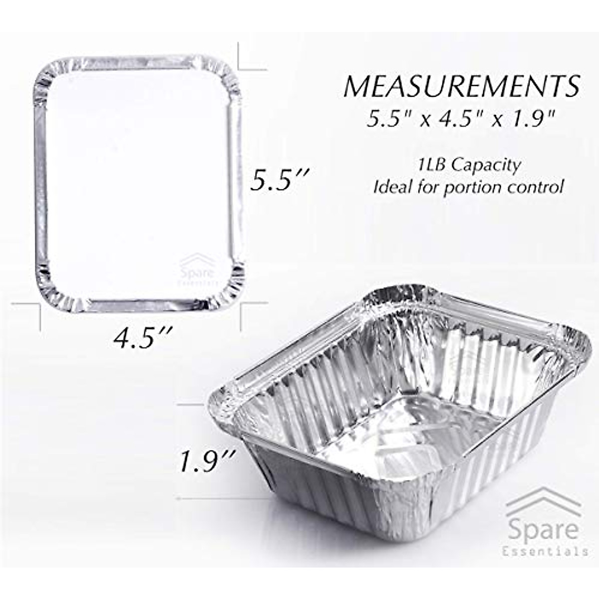 Spare Essentials 55 Pack - Aluminum Pan/Containers with Lids/Foil Containers/Aluminum Pans with Lids/Take Out Containers/Disposable Pans/Aluminum Foil Food Containers/Freezer meals containers (1 LB)