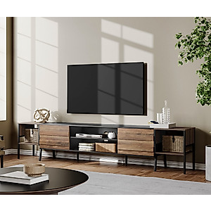 WAMPAT Mid-Century TV Stand for 100 Inch TV, Wood Entertainment Center for 85 90 95 inch TV Console Table with Open Storage for Living Room Bedroom,Black&Brown