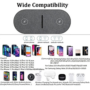 Dual 20W Wireless Charging Pad, 2 in 1 Fast Wireless Charge Mat with Adapter Compatible with iPhone 15 14 13 12 11 Pro max XS XR 8plus, Samsung Galaxy S23 S22 Note20, Air pods Pro/Galaxy Bus (Gary)