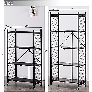 BRIGHTSHOW 4-Tier Storage Shelves, Collapsible Metal Shelf Organizer for Garage/Pantry/Kitchen/Sunroom Foldable Shelving Unit Heavy Duty Wire Shelving Show Rack with Wheels Moving Easily (4 Shelf)