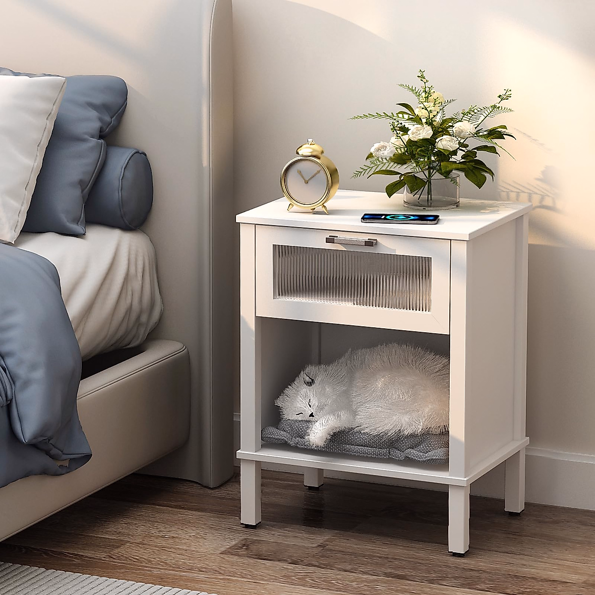 YAUKOMEL Small White Nightstand, End Table with Drawer, Bed Side Table,Nightstand with Acrylic Drawer for Living Room, Bedroom,Small Space White CTG67W