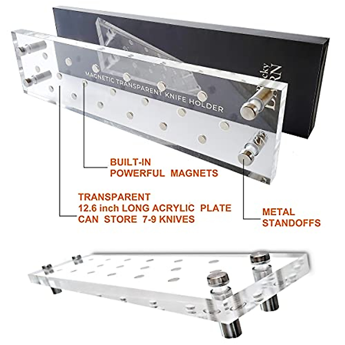 Rocky Barn Magnetic Knife Holder for Wall, Modern Transparent Magnetic Knife Strip Bar Rack, Magnet Knife Hanger, Kitchen Knife Utensil and Tool Storage, Magnetic Kitchen Wall Organizer, 12,6x3 inch