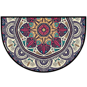 Ethnic Mandala Flowers Floral Half Round Doormat Water Absorption Half Circle Rug Non-Slip Semi Circle Area Rugs Durable Wear Resistant Indoor Entrance Doormat for Bathroom Bedroom Home Decor 36x24 in