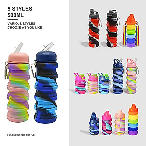 WATMHHJQ 2Pack Silicone Collapsible Water Bottles, Leakproof 16oz Portable Foldable Expandable Water Bottle Sports Cups with Straw,BPA Free, for Outdoor Gym Travel(Pink+Rose red)