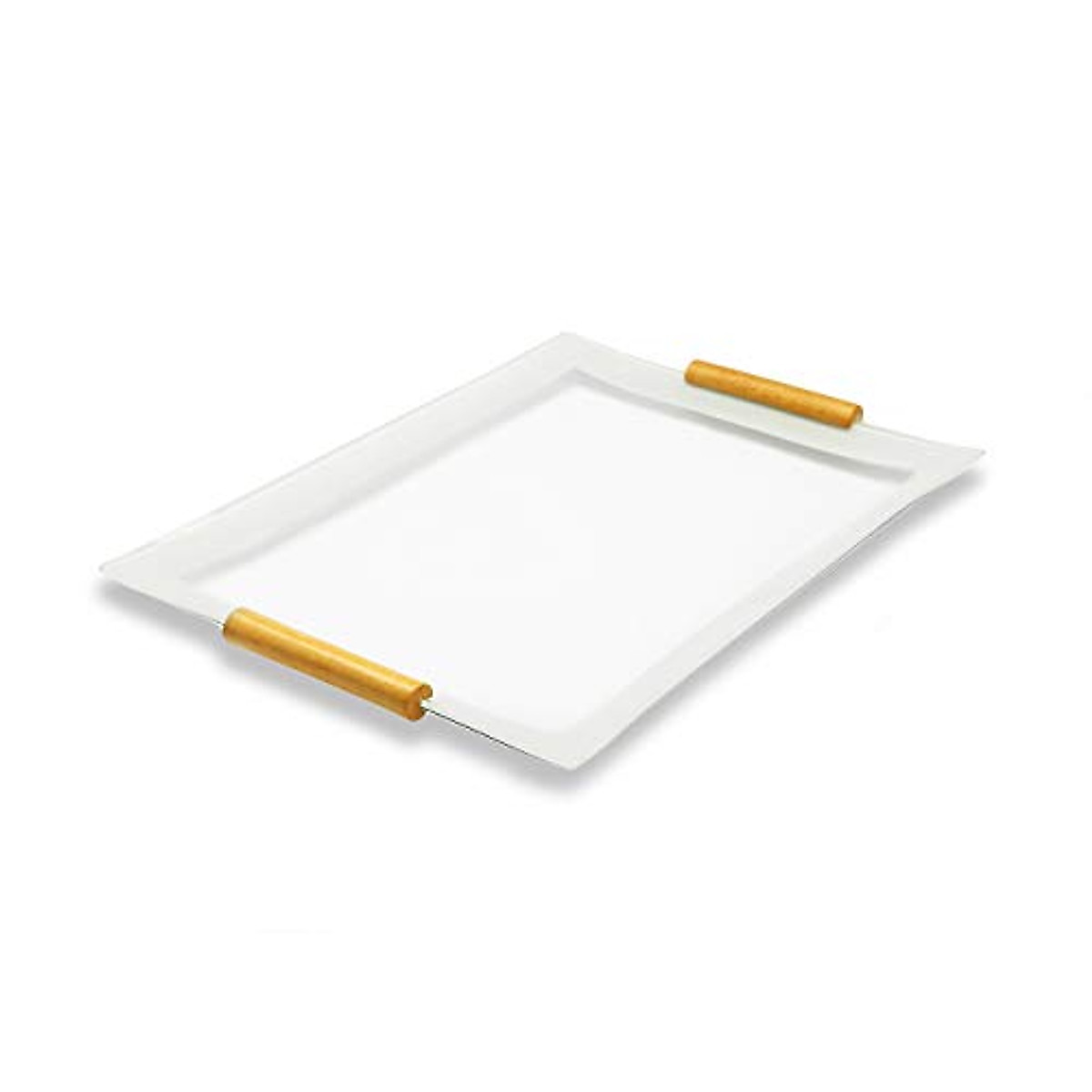 GAC Unique Design White-Grey Rectangular Tempered Glass Serving Tray with Wooden Handles – 10x14 Inch – Break Resistant – Dishwasher Safe - Attractive Colored Serving Platter