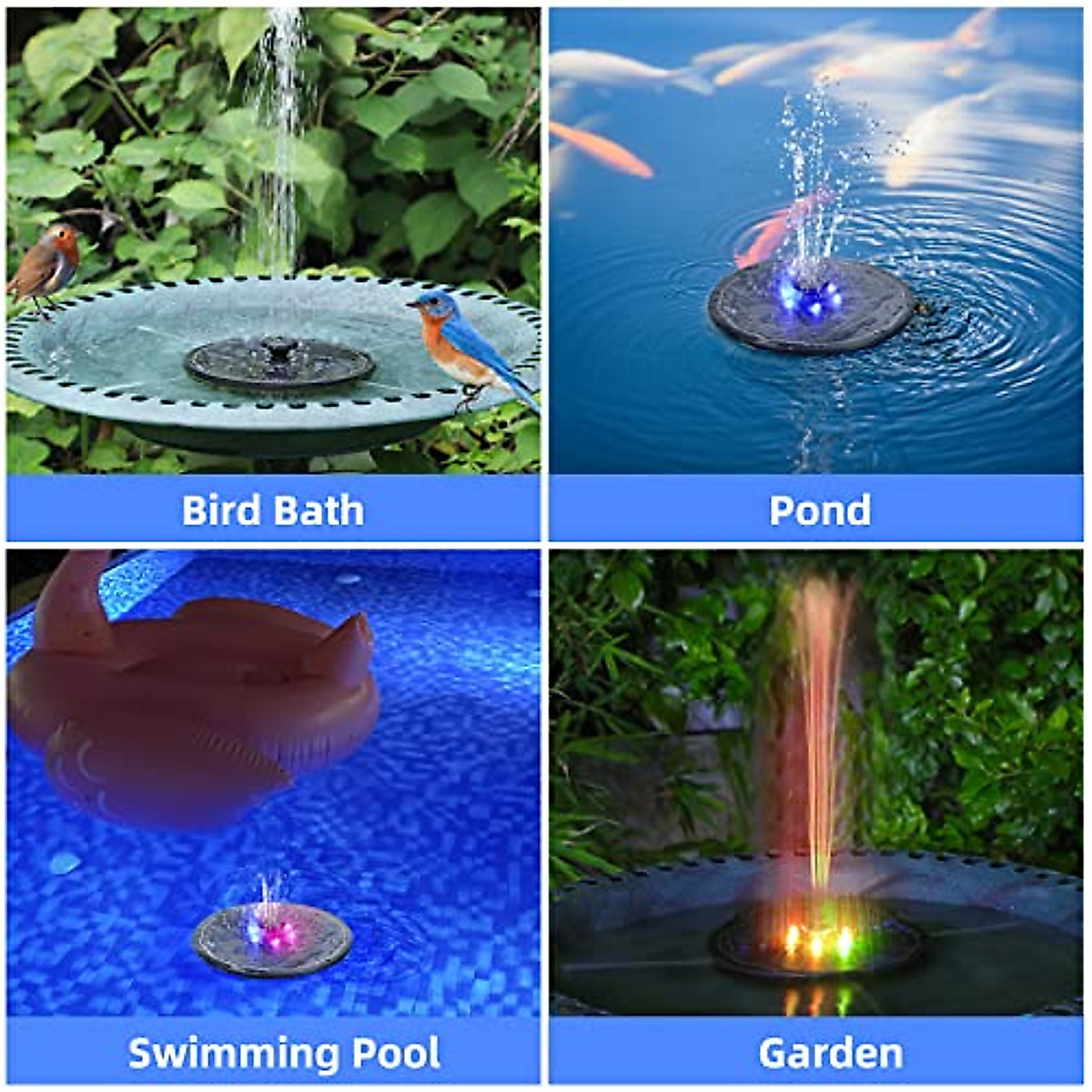ALUKIKI Solar Fountain 4W Bird Bath Fountains Pump Upgraded Glass Panel Solar Powered Water Fountains with Color LED Lights 7 Nozzles & 4 Fixers for Garden Small Pond Outdoor Swimming Pool Fish Tank