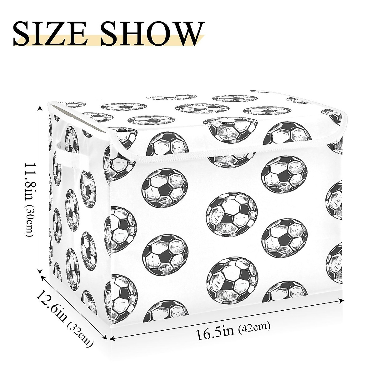 Large Collapsible Storage Bins with Lids, Soccer Balls Black White Storage Baskets Organizer Containers with Handles for Nursery Clothes Toys