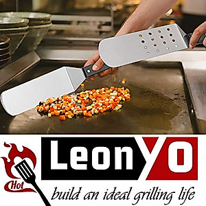 Griddle Accessories Set of 5, Leonyo Stainless Steel Grill Griddle Tool Set- Metal Spatula for Flat Top Hibachi Teppanyaki Kitchen Cooking, Riveted Grip, Dishwasher Safe, S Hooks, Indoor Outdoor