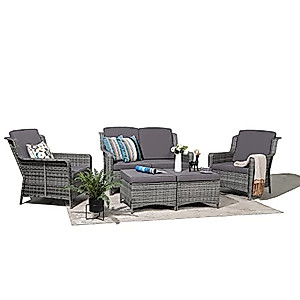 JOIVI Patio Furniture Set, 5 Piece All Weather Wicker Outdoor Conversation Set, Outdoor Sectional Sofa Set with PE Rattan Loveseat couch, Armchairs and Ottomans for Garden, Porch, Deck (Gray Cushions)
