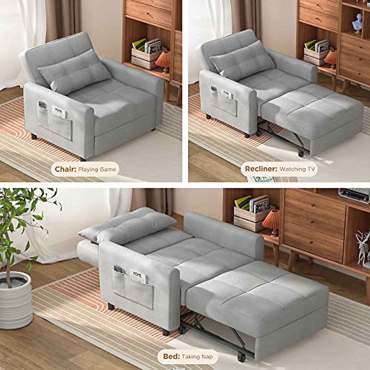Noelse 34 Inch Sleeper Sofa Chair, 3-in-1 Convertible Sofa Chair Pull Out Chair Bed with Adjustable Backrest, Single Armchair for Living Room Apartment (Light Grey)