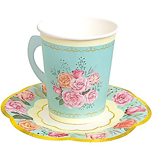 ceiba tree Tea Party Decorations Paper Tea Cups with Handles and Saucers Disposable Floral Birthday Supplies Favors 24 Sets
