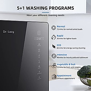 Dr. Lazy Countertop Dishwasher, Portable Dishwasher with 4 Place Settings, 5 Washing Programs, Hot Air Drying & Storage, Compact Dish washer for Dorm, RV& Apartment, Black