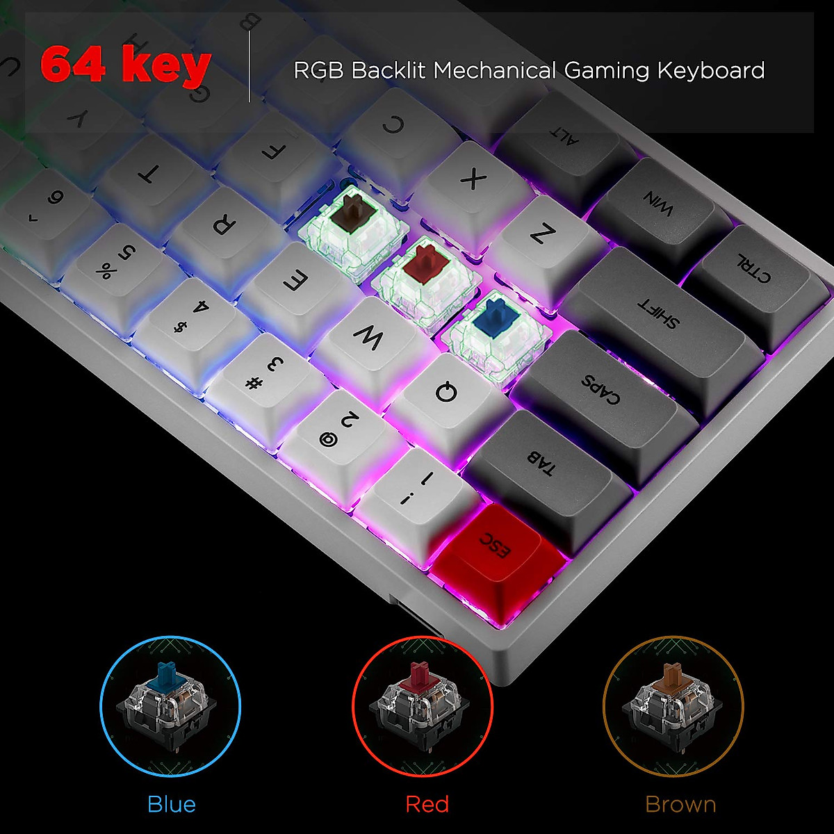 COSTOM SK64 60% Mechanical Gaming Keyboard, 61 Keys Multi Color RGB Illuminated LED Backlit Wired Programmable with PBT Heat Sublimation Keycaps for PC/Mac Gamer (Gateron Brown Switch)
