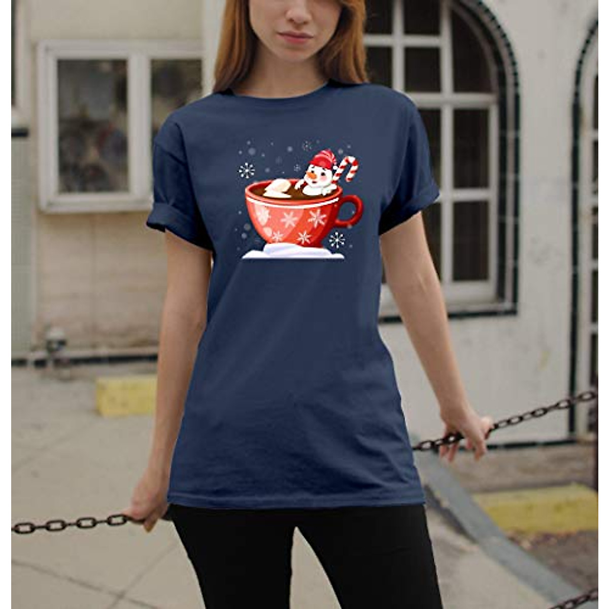 Merry Christmas Snowman in Hot Cocoa Chocolate Drinking Family Pajamas for Men Women Gift Unisex T-Shirt (Navy - 2XL)
