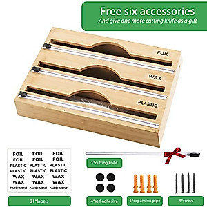 3 in 1 Wrap Dispenser with Cutter and Labels,Foil and Plastic Wrap Organizer for Kitchen, Storage Organizer for Aluminum Foil and Wax Paper,Wall Mount Bamboo Roll Organizer Holder，Send Slide Knife