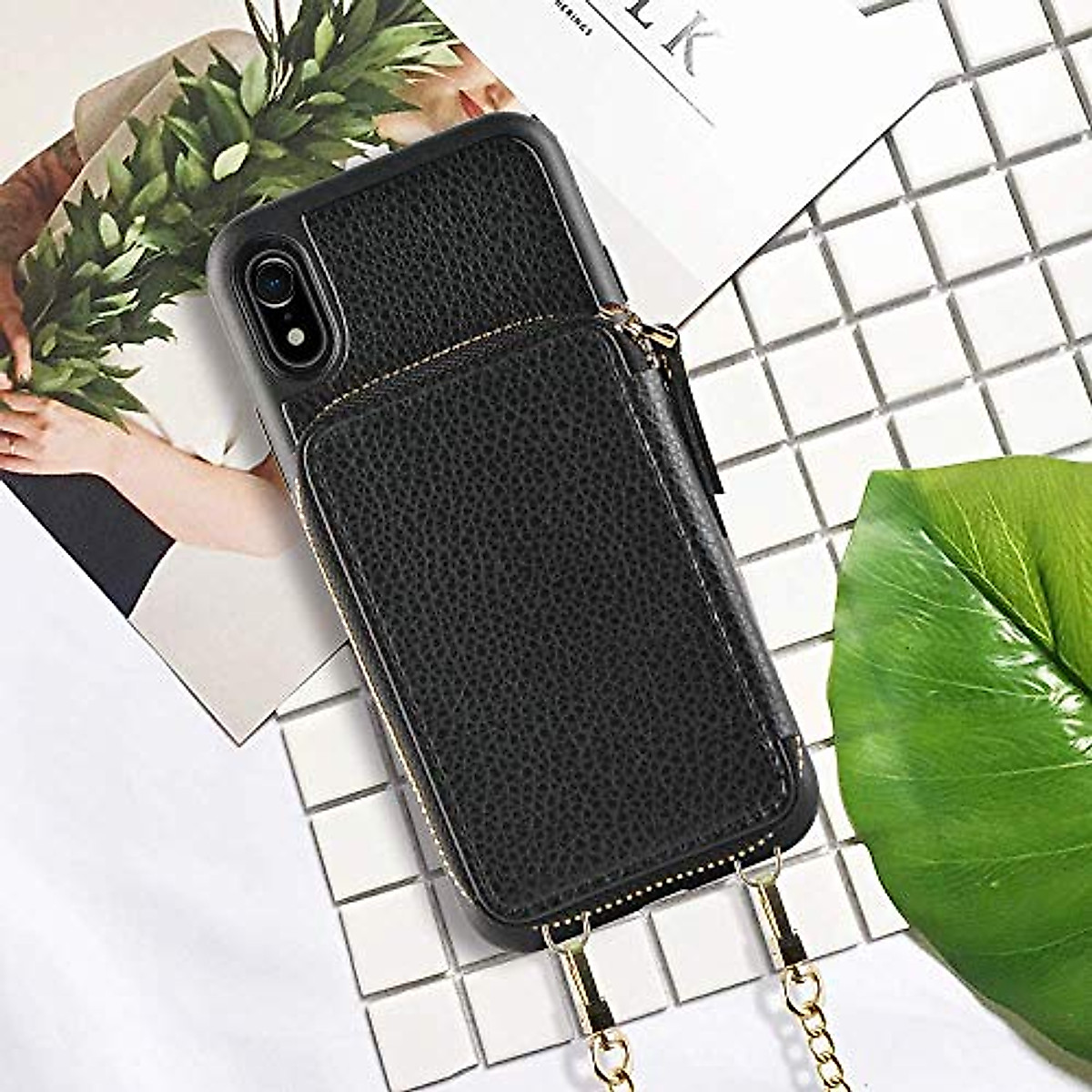ZVE Case for Apple iPhone XR, 6.1 inch, Wallet Case with Crossbody Strap Credit Card Holder Slot Handbag Purse Wrist Zipper Strap Case Cover for Apple iPhone XR 6.1 inch - Black