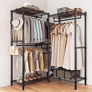 coucheta Clothes Rack Heavy Duty Garment Rack Portable Wardrobe Closet with Adjustable Shelves, Hanging Rods, Side Hooks for Hanging Clothes, Freestanding & L-shaped Closet (1 inch Diameter, Black)