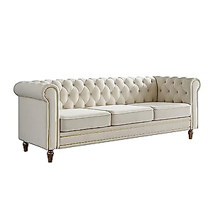 Goohome 84.65" Chesterfield Sofa, 3-Seater Velvet Deep Button Tufted Sofá Upholstered Love Seat Couches with Rolled Arm, Gold Strip Trim, for Bedroom Office Apartment Living Room Furniture, Beige