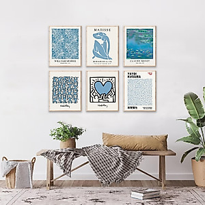 Matisse Wall Art Prints Set of 6, Abstract Blue Matisse Wall Art Exhibition Posters, Modern Blue Matisse Print William Morris Painting Yayoi Kusama Poster Claude Monet Prints, Boho Canvas Art Prints