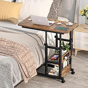 Height Adjustable C Shaped End Table with Charging Station, Mobile Laptop Side Table with USB Port and Wheels, Sofa Couch Table with 2-Tier Storage Shelve for Living Room Bedroom, Rustic Brown