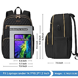 VSNOON Laptop Backpack Women, 15.6 Inch College School Bookbag, Water Resistant Travel Work Backpack with USB Charging Port, Large Capacity Teacher Nurse Bags Casual Daypacks for School College, Black