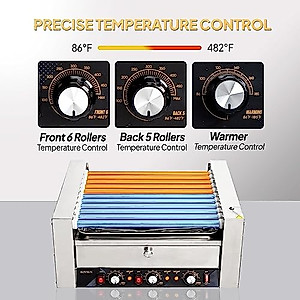ROVSUN Hot Dog Roller Warmer 2000W, 11 Rollers 30 Hot Dog Roller Grill Cooker Machine w/Bun Warmer, Cover, Dual Temp Control, LED Light, Removable Shelf & Drip Tray for Party Home Commercial
