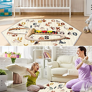 Funtery Woodland Animals Hexagon Playpen Mat Baby Play Mat Foldable Soft Nursery Rug Portable Baby Playmat Washable Comfortable Hexagon Playpen Mattress for Floor Activity Room Indoor Outdoor (Letter)