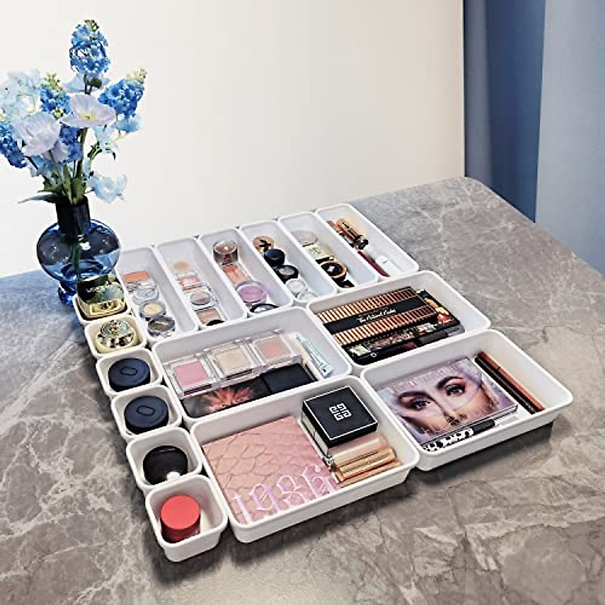 QYIUNEG 16PCS Interlocking Shallow Drawer Organizers,Interlocking Plastic Shallow Customizable drawer organizer bins,Drawers storage for Office Kitchen Cabinet Vanity Makeup Bathroom Dresser