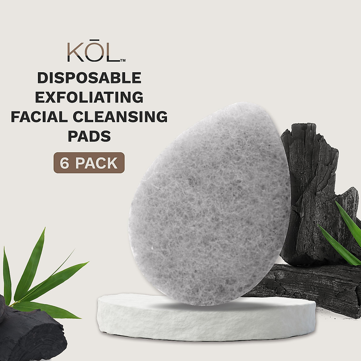 KOL Face Scrubber, Charcoal Infused Exfoliating Facial Cleansing Pads, Disposable Exfoliator Face Sponge for Daily Cleaning and Makeup Removal, 6 Count